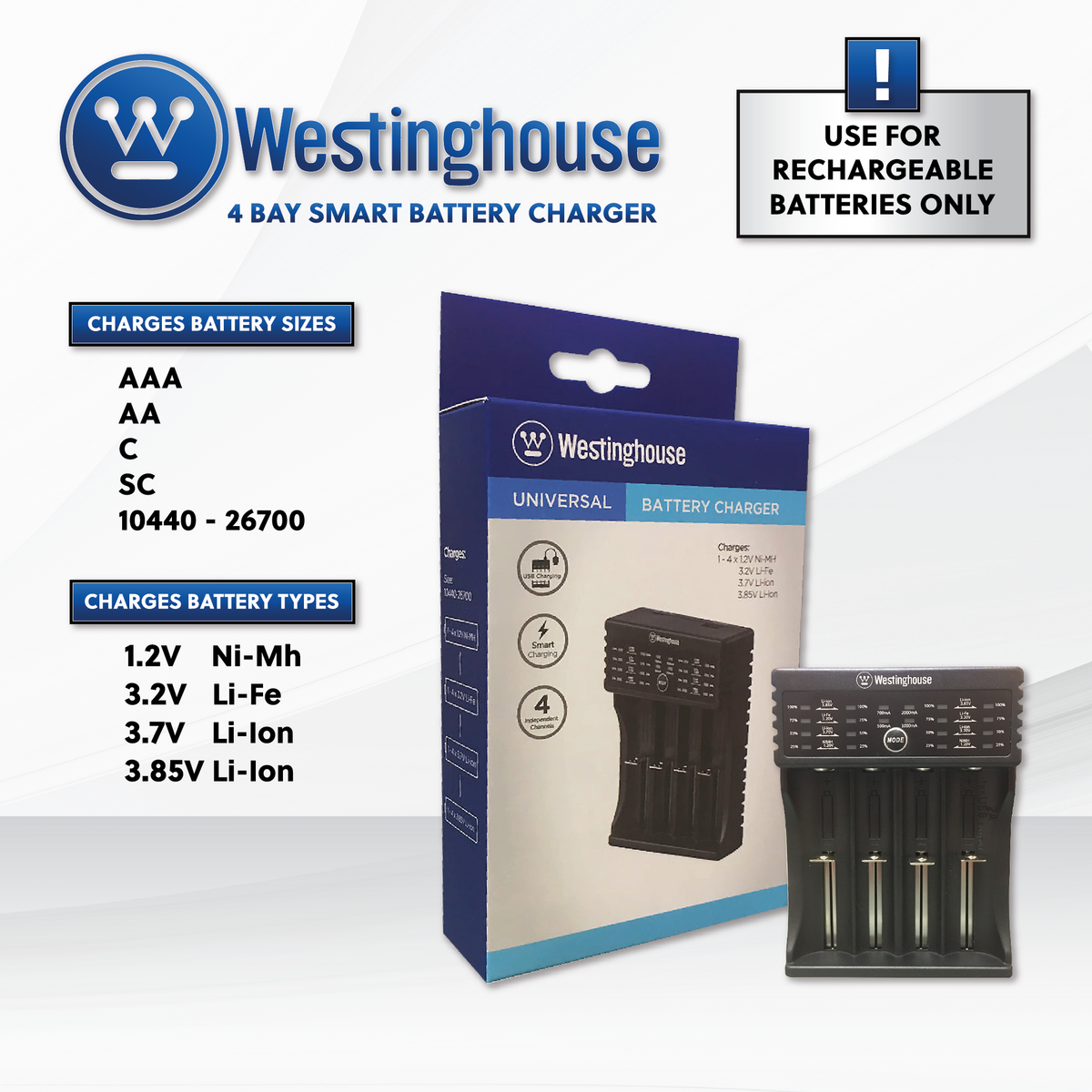 Westinghouse Universal Ni-Mh, Li-ion, Li-Fe Smart Charger- 4 Bay – International Power - IPPOWERPRO